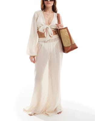 Vero Moda beach tie front top and beach trouser in stone | ASOS