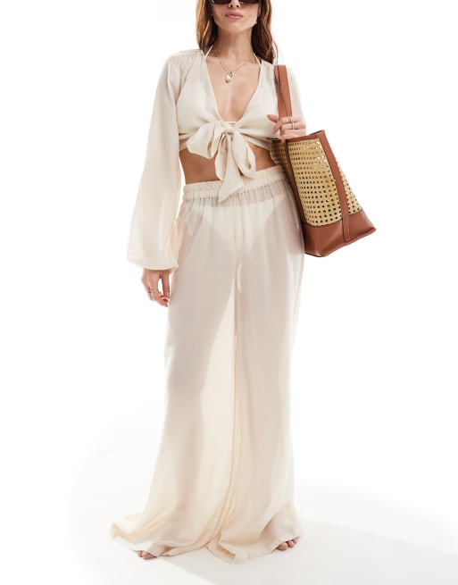 Vero Moda Beach Tie Front Top And Beach Trouser In Stone Asos