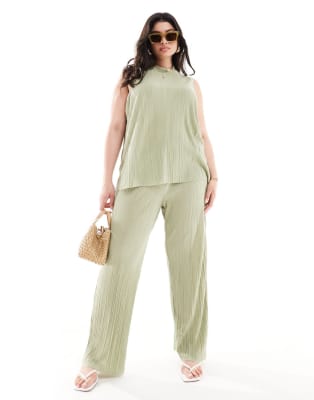Vero Moda Curve - Ensemble avec pantalon ample et top plissé sans manches - Kaki | ASOS