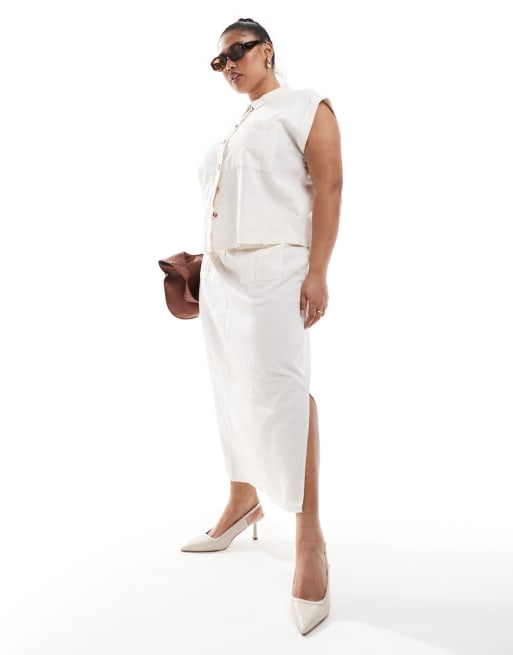 Vero Moda Curve - Ensemble chemise courte et jupe mi-longue en lin - Blanc cassé | ASOS