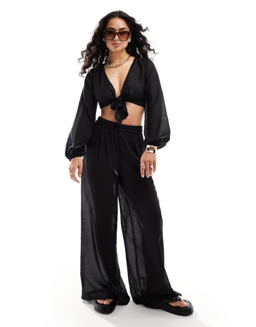Vero Moda Tie Front Beach Top And Trouserco Ord In Black Asos
