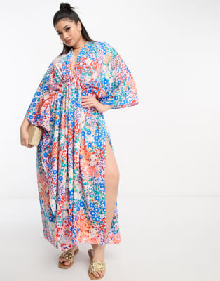 Vila Curve - Ensemble de plage avec maillot 1 pièce et caftan - Bleu fleuri varié | ASOS