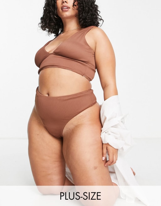 We Are We Wear Plus mix and match reversible ribbed plunge crop bikini top in br | ASOS