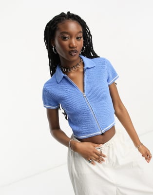 Weekday Emery knit crop top and mini skirt set in blue | ASOS