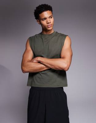 4505 cotton cropped training tank with quick dry finish in khaki | ASOS