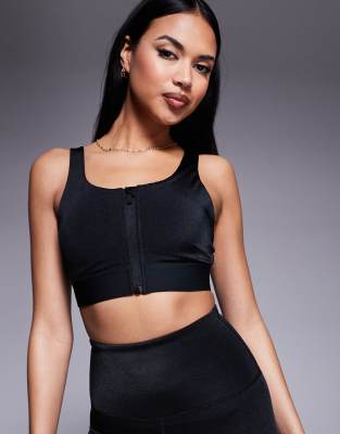 4505 - Sort skinnende sports-BH med høj støtte, lynlås foran ...