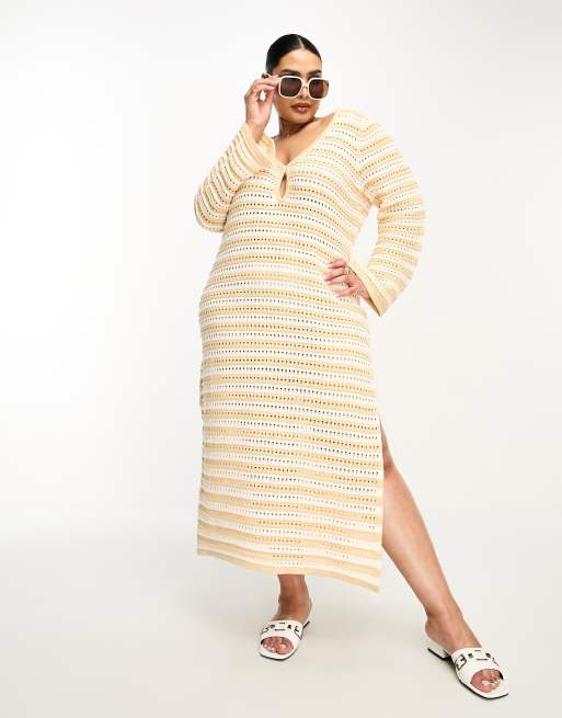 4th & Reckless Plus - Exclusivité - Robe longue fendue sur le côté en maille crochetée rayée ...