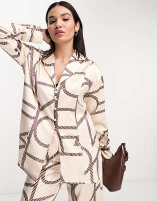 4th & Reckless satin button front shirt co-ord in cream print | ASOS