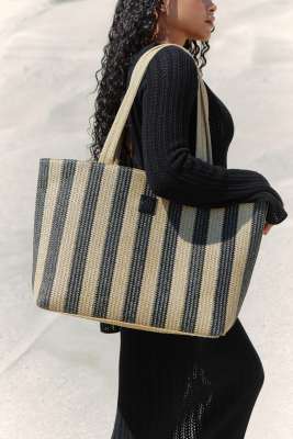 4th & Reckless x Loz Vassallo straw tote beach bag in beige and black ...