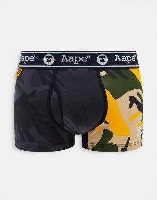 Aape by A Bathing Ape black and yellow spliced camo boxers with logo ...
