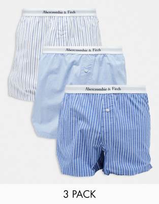 Abercrombie & Fitch 3 pack check woven boxer shorts in blues | ASOS
