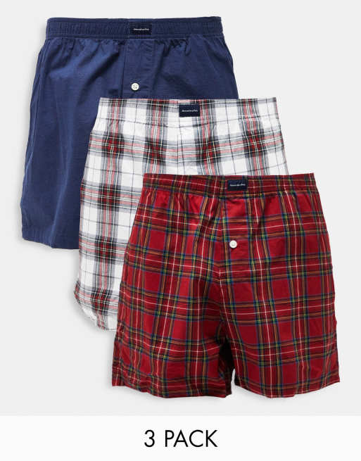 Abercrombie & Fitch 3 pack label logo check woven boxers in ...