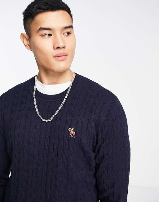 Abercrombie & Fitch icon logo cable knit jumper in navy marl | ASOS Abercrombie & Fitch icon logo cable knit jumper in navy marl | ASOS