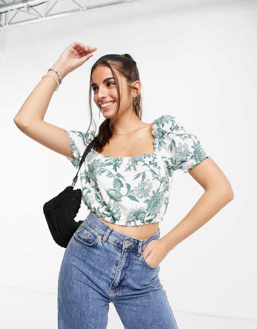 Abercrombie And Fitch Ruched Square Neck Top In Floral Print Asos