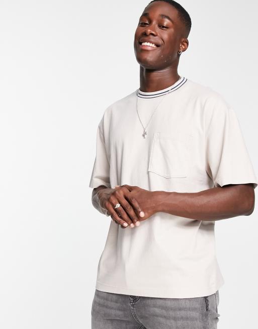 Abercrombie And Fitch Tipped Neck Pocket Oversized T Shirt In Beige Asos