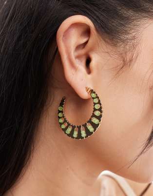 Accessorize beaded large hoop earrings in green and gold | ASOS
