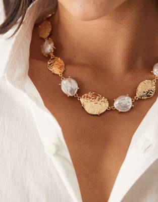 Accessorize pearl and disc statement necklace in gold | ASOS
