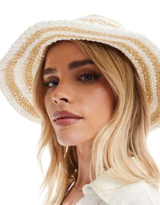 Accessorize stripe straw bucket hat in white/natural | ASOS
