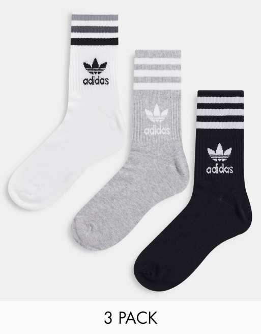 adidas Originals 3 pack mid cut crew socks in white grey and black | ASOS