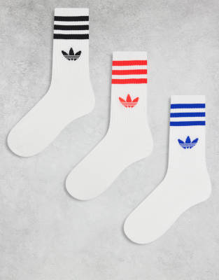 adidas Originals adicolor Trefoil 3 pack crew socks in white with bright stripes | ASOS