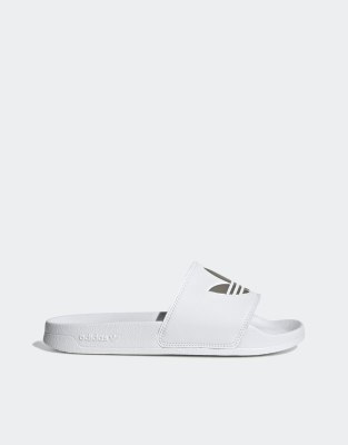adidas Originals Adilette Lite Trefoil sliders in white and silver | ASOS