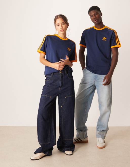 adidas Originals Three Stripe t-shirt in navy and orange | ASOS