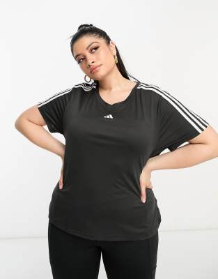 adidas Training Plus Train Essentials 3 stripe t-shirt in black | ASOS