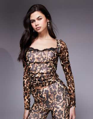AFRM Marcello ruched mesh lace trim top co-ord in leopard print | ASOS