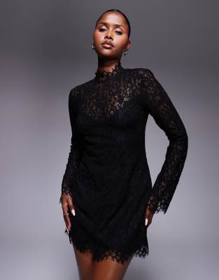 AFRM - Robe courte en dentelle transparente à manches longues - Noir | ASOS