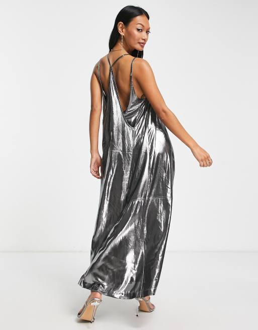 AllSaints Areena metallic maxi dress in gunmetal | ASOS