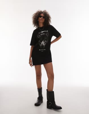 AllSaints Dawn wolf print t-shirt dress in black | ASOS