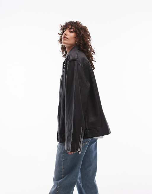 AllSaints Daylen relaxed leather biker jacket in black | ASOS