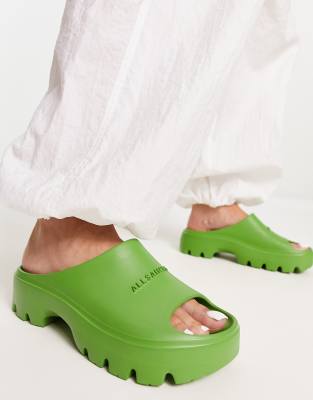 AllSaints Eclipse flatform slides in green | ASOS