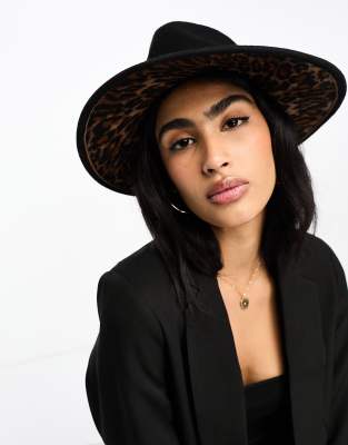 AllSaints felt fedora with leopard print brim in black | ASOS