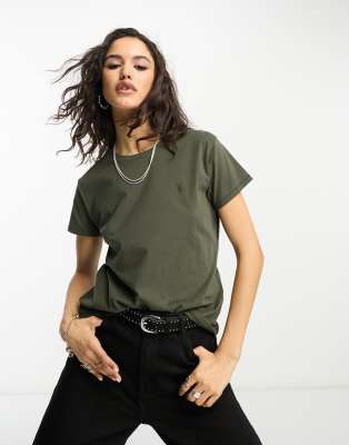 AllSaints – Grace – Locker geschnittenes T-Shirt in Khaki | ASOS