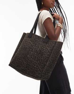 Allsaints Izzy fuzzy leopard tote bag in brown / black - BROWN | ASOS
