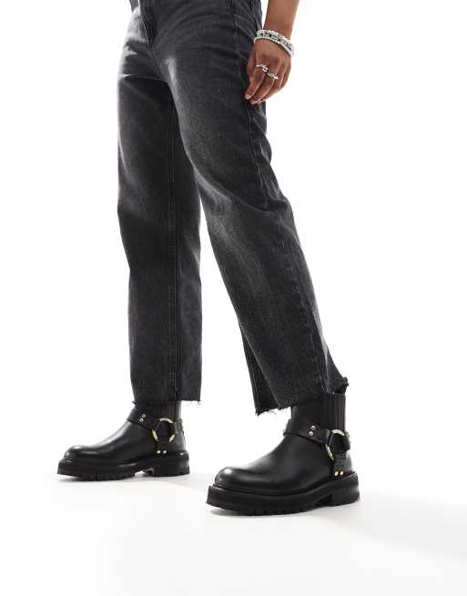AllSaints Maddie leather harness biker boots in black | ASOS