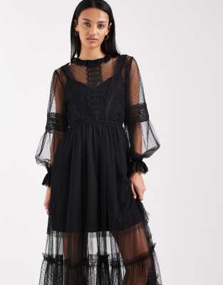 AllSaints nita long sleeve tulle ruffle maxi dress in black | ASOS