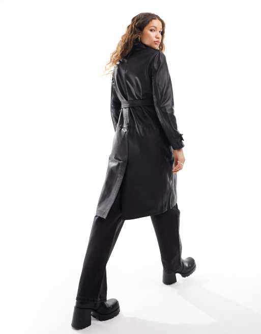 AllSaints Okena leather trench belt jacket in black | ASOS