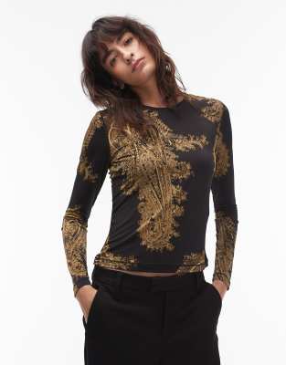 Allsaints printed katlyn long sleeve top in black and gold | ASOS