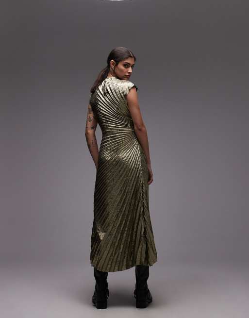 Allsaints rayanna pleated maxi dress in gold | ASOS
