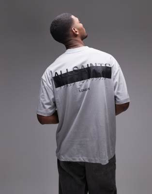 AllSaints Redact oversized embroidered logo t-shirt in machine grey | ASOS