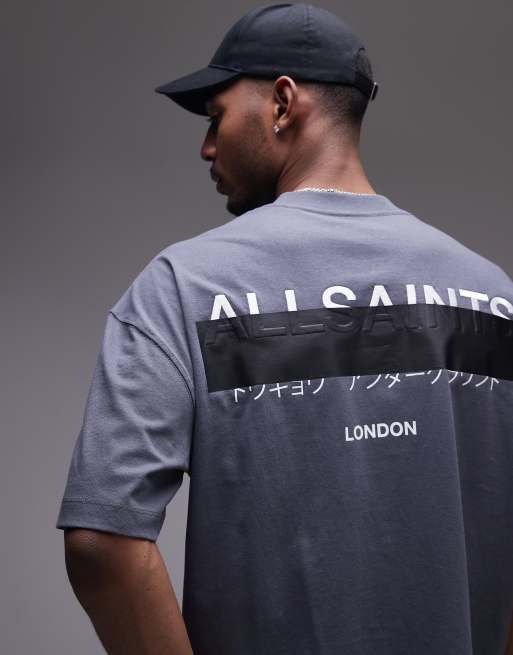 AllSaints Redact oversized embroidered logo T-shirt in pitched blue | ASOS