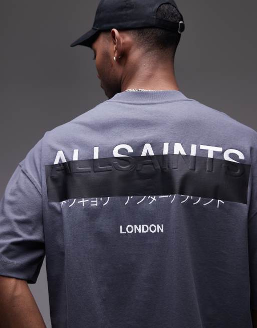 AllSaints Redact oversized embroidered logo T-shirt in pitched blue | ASOS