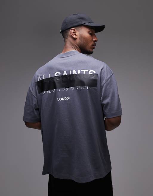 AllSaints Redact oversized embroidered logo T-shirt in pitched blue | ASOS