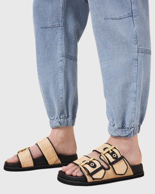 AllSaints Sian raffia leather sandals in black and neutral | ASOS