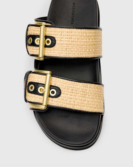 AllSaints Sian raffia leather sandals in black and neutral | ASOS