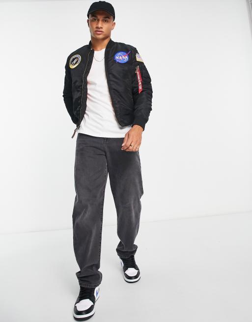 Alpha Industries MA-1 VF NASA badge bomber jacket in black | ASOS