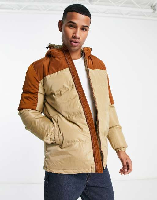 American Stitch colour block puffer in cream & brown | ASOS