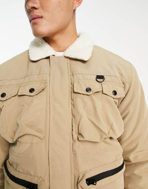 American Stitch jacket with fur collar in khaki | ASOS
